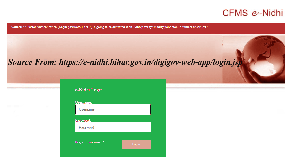 Bihar CFMS Login Signup Registration at e-nidhi.hihar.gov.in